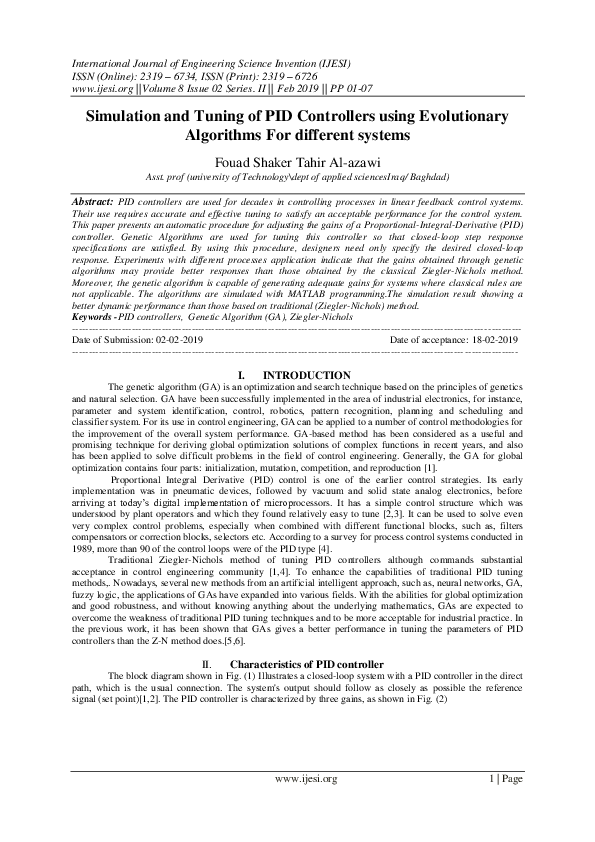 (PDF) Simulation and Tuning of PID Controllers using Evolutionary Algorithms For different systems