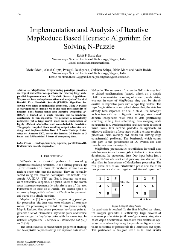 (PDF) Iterative mapreduce based heuristic algorithm for solving N Puzzle
