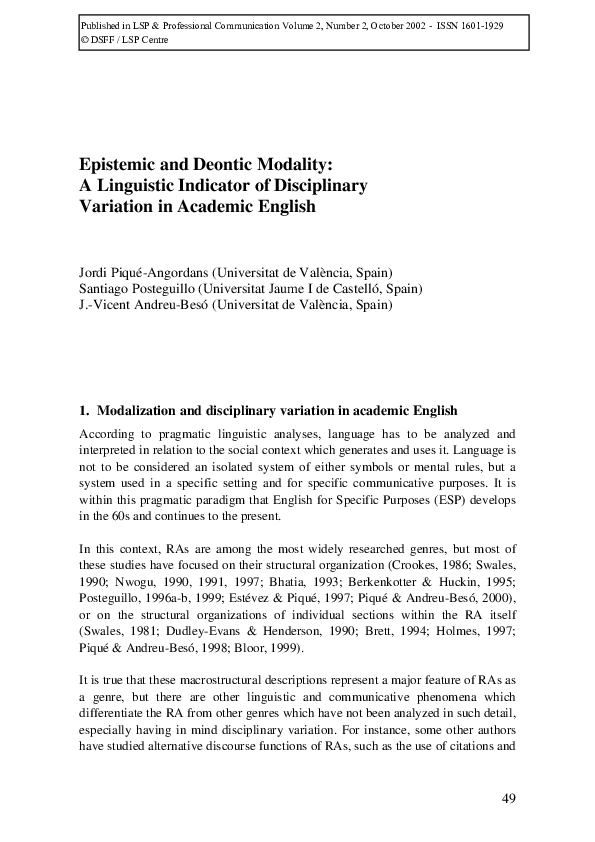 (PDF) Epistemic and Deontic Modality: A Linguistic Indicator of ...