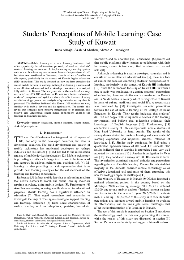 (PDF) Students’ Perceptions of Mobile Learning: Case Study of Kuwait
