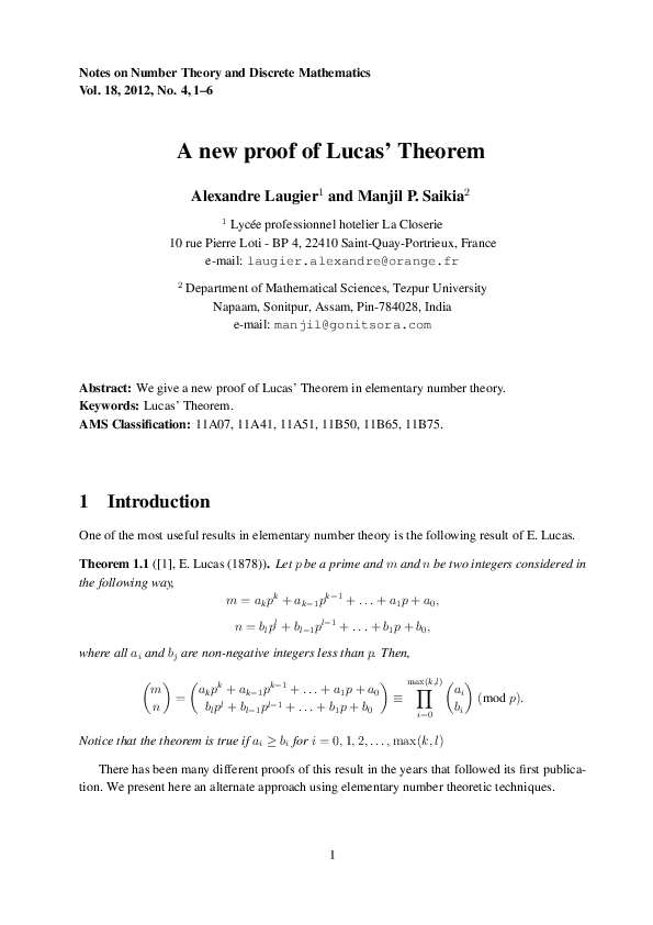 (PDF) A new proof of Lucas' Theorem
