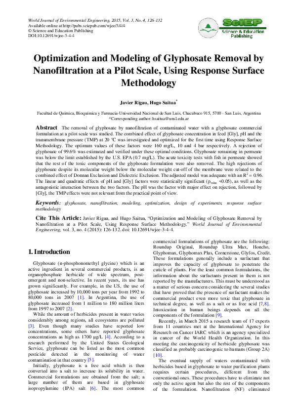 (PDF) Optimization and Modeling of Glyphosate Removal by Nanofiltration ...