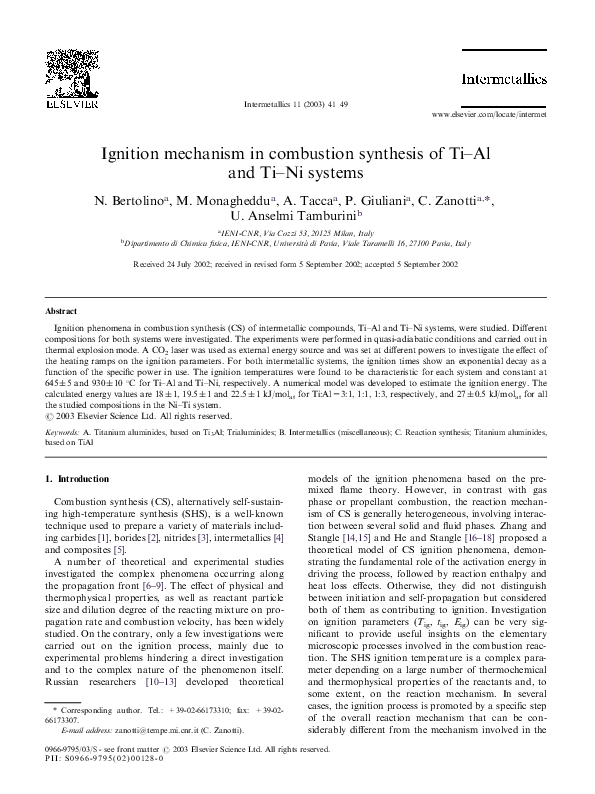 (PDF) Ignition mechanism in combustion synthesis of Ti–Al and Ti–Ni systems