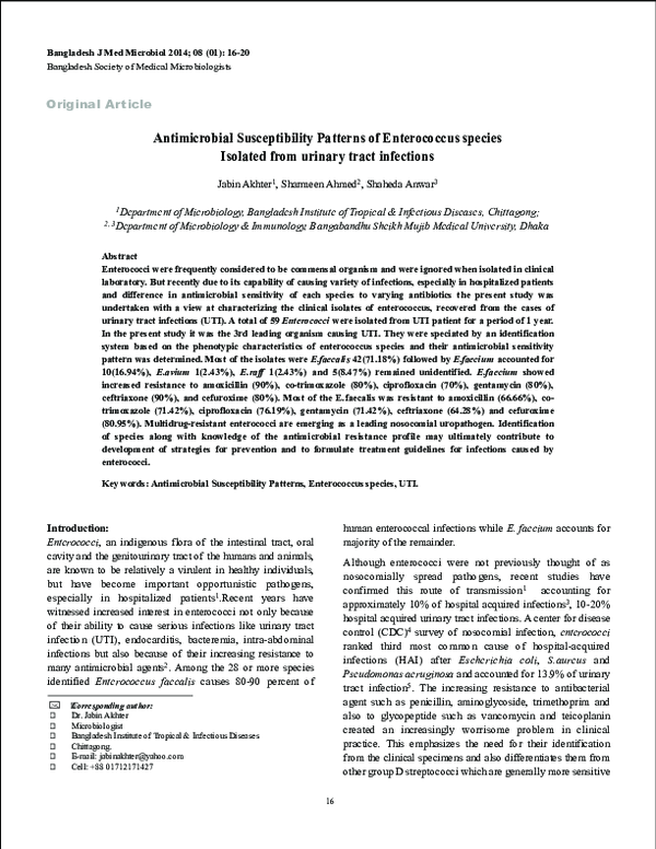 Pdf Antimicrobial Susceptibility Patterns Of Enterococcus Species Isolated From Urinary Tract