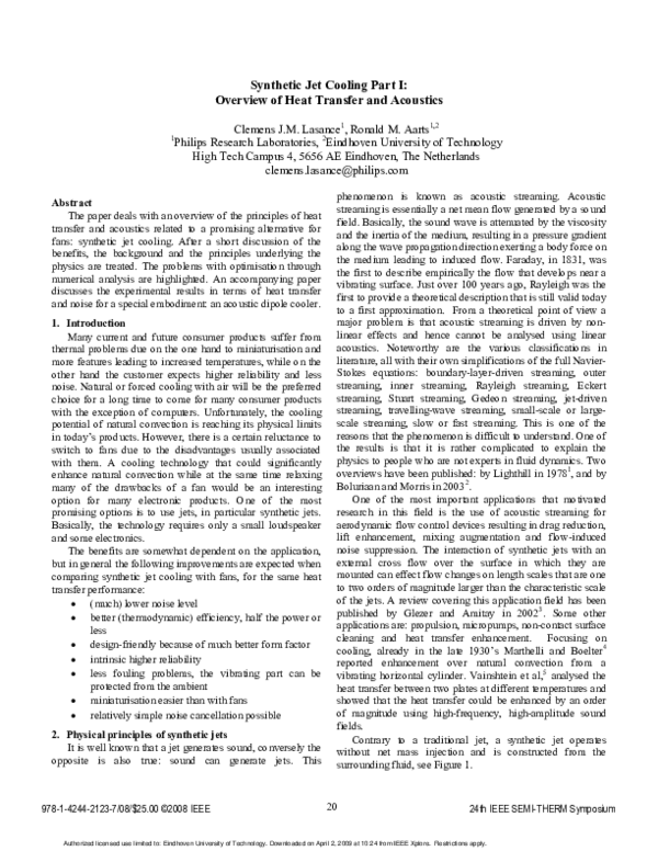 (PDF) Synthetic jet cooling Part I: Overview of heat transfer and acoustics