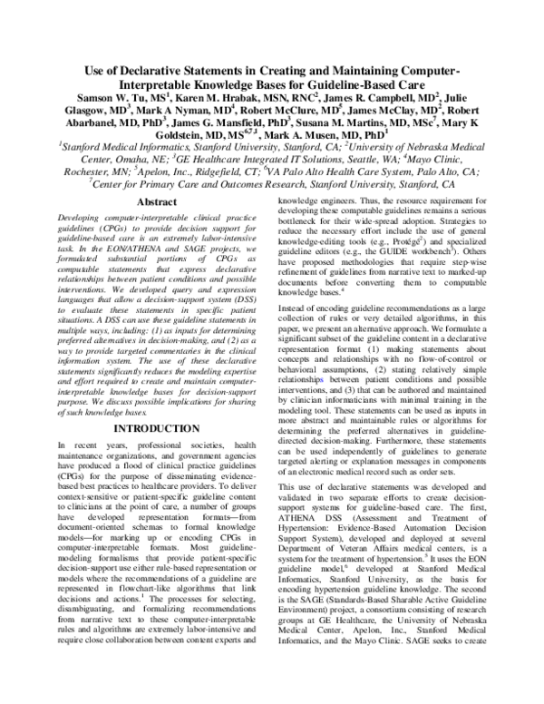 (PDF) Use of Declarative Statements in Creating and Maintaining Computer-Interpretable Knowledge ...