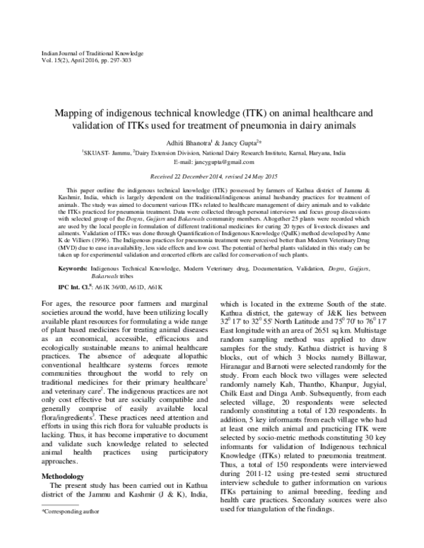 (PDF) Mapping of indigenous technical knowledge (ITK) on animal healthcare and validation of ...