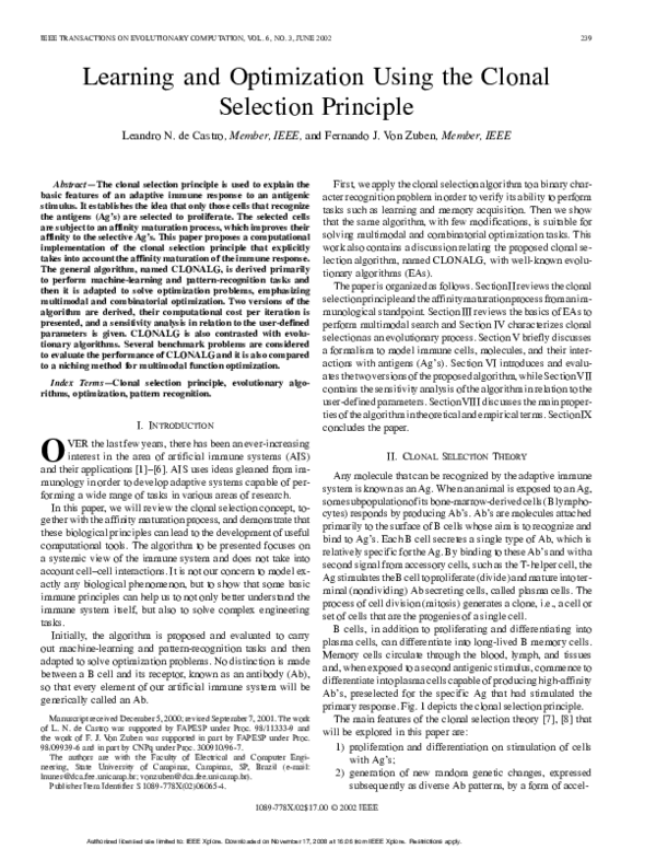 Pdf Learning And Optimization Using The Clonal Selection Principle