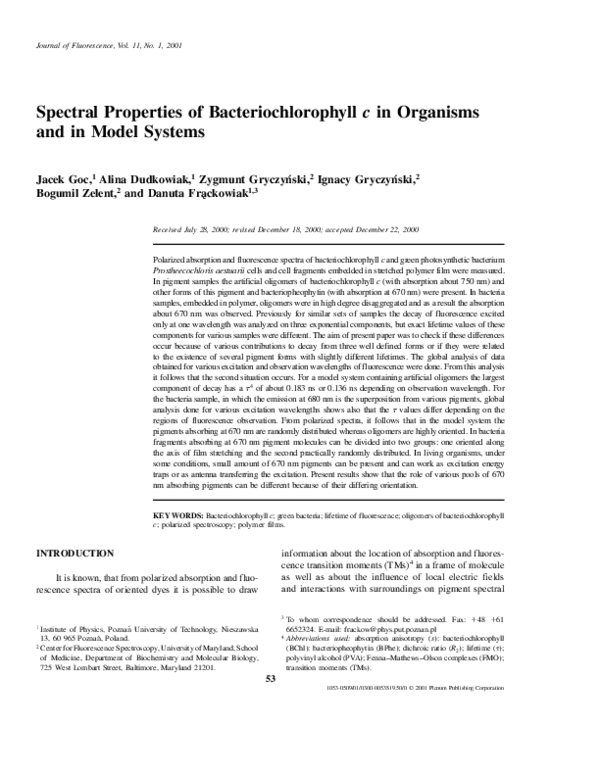 (PDF) Spectral properties of bacteriochlorophyll c in organisms and in ...