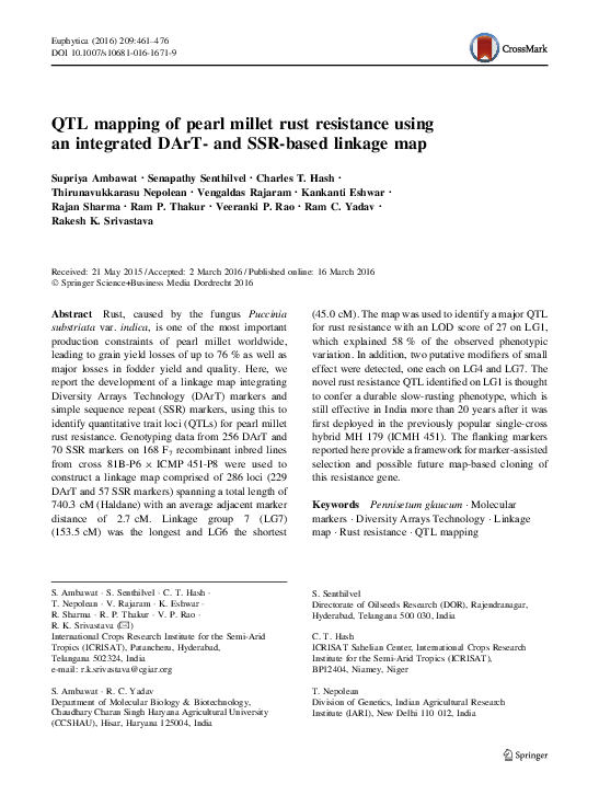 (PDF) QTL mapping of pearl millet rust resistance using an integrated DArT- and SSR-based ...