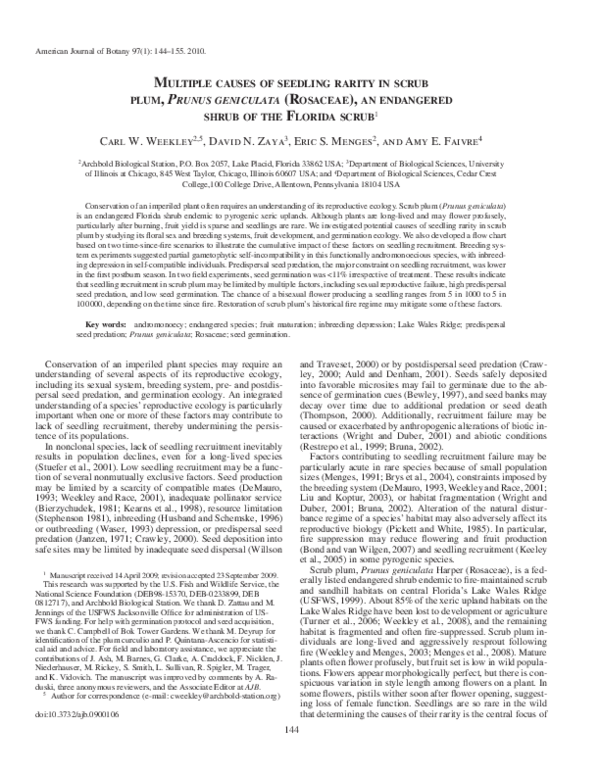 (PDF) Multiple causes of seedling rarity in scrub plum, Prunus ...