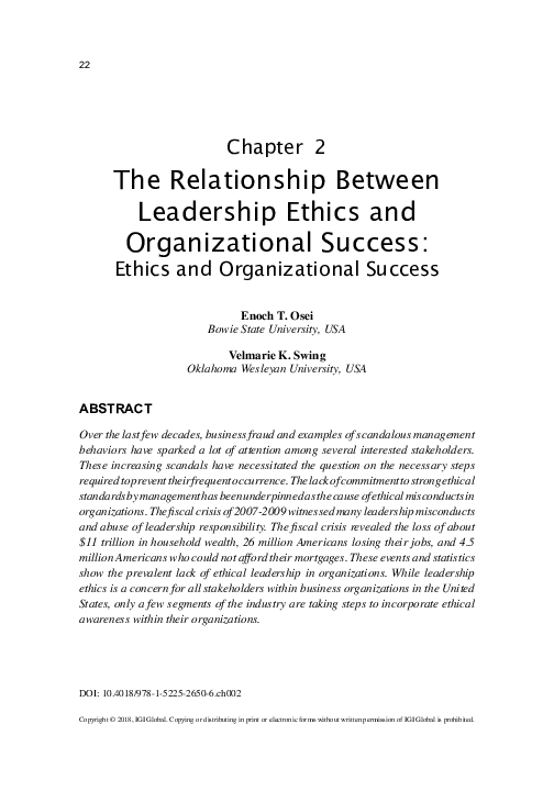 (PDF) The Relationship Between Leadership Ethics and Organizational Success