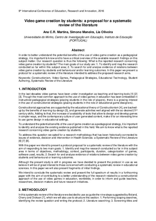 (PDF) Video Game Creation by Students: A Proposal for a Systematic ...
