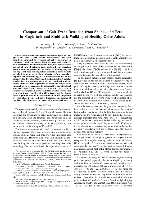 Pdf Comparison Of Gait Event Detection From Shanks And Feet In Single Task And Multi Task