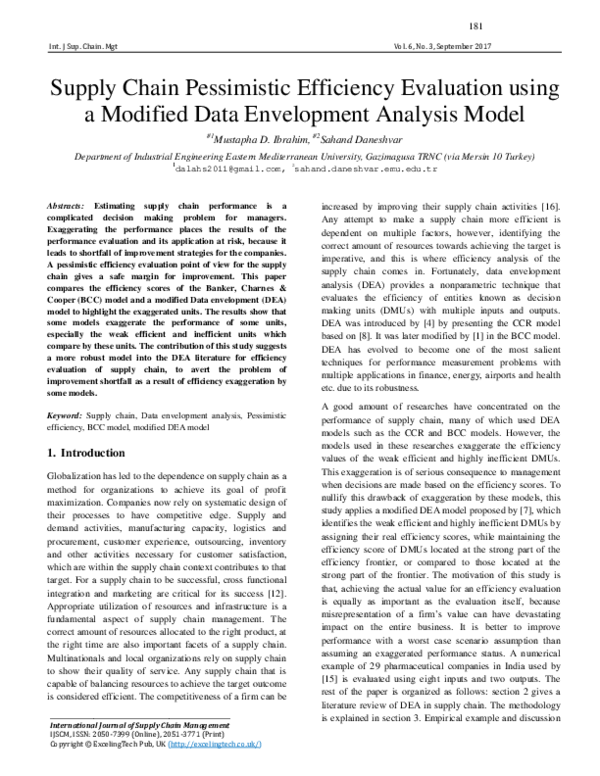 Pdf Supply Chain Pessimistic Efficiency Evaluation Using A Modified Data Envelopment Analysis