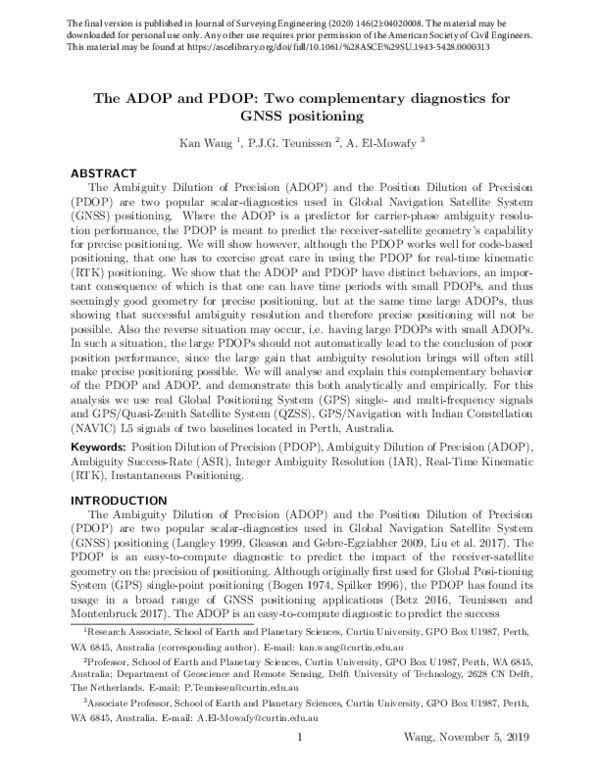 (PDF) The ADOP and PDOP: Two Complementary Diagnostics for GNSS Positioning