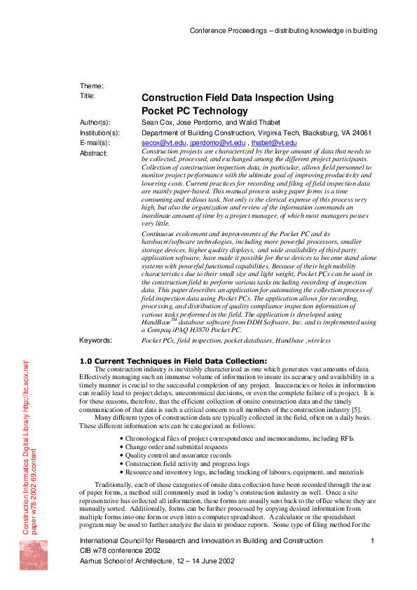 (PDF) Construction field data inspection using pocket PC technology