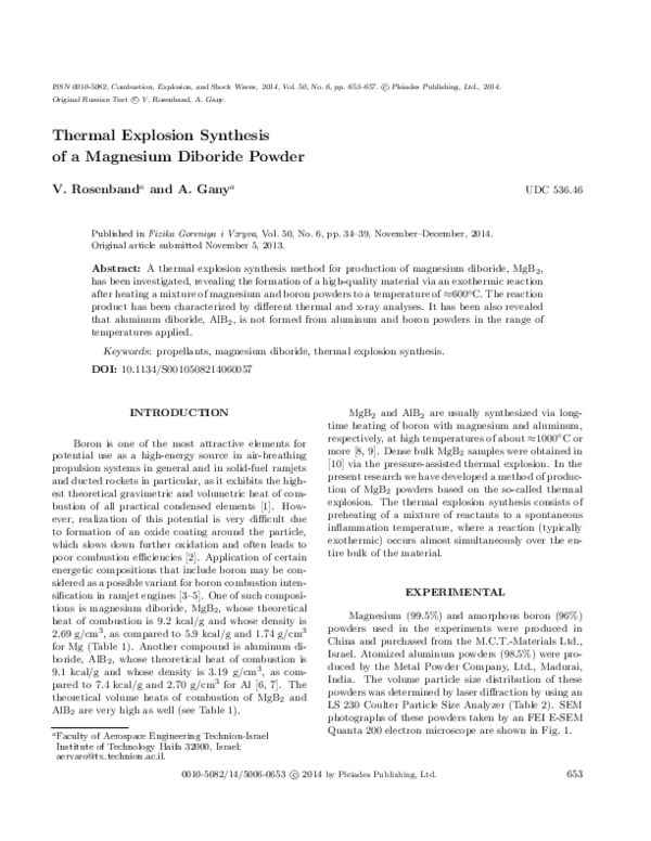 (PDF) Thermal explosion synthesis of a magnesium diboride powder