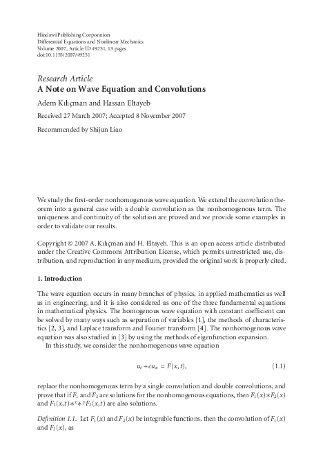 (PDF) Research Article A Note on Wave Equation and Convolutions
