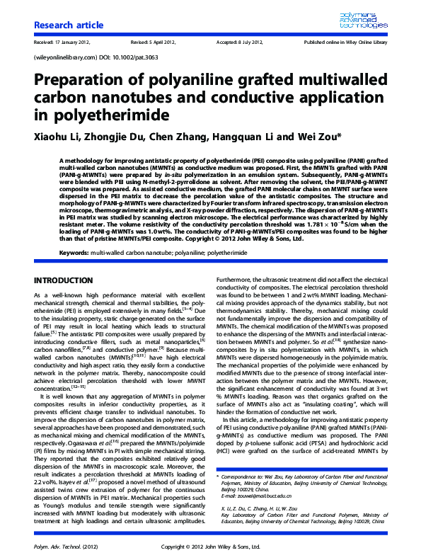 (PDF) Preparation of polyaniline grafted multiwalled carbon nanotubes ...
