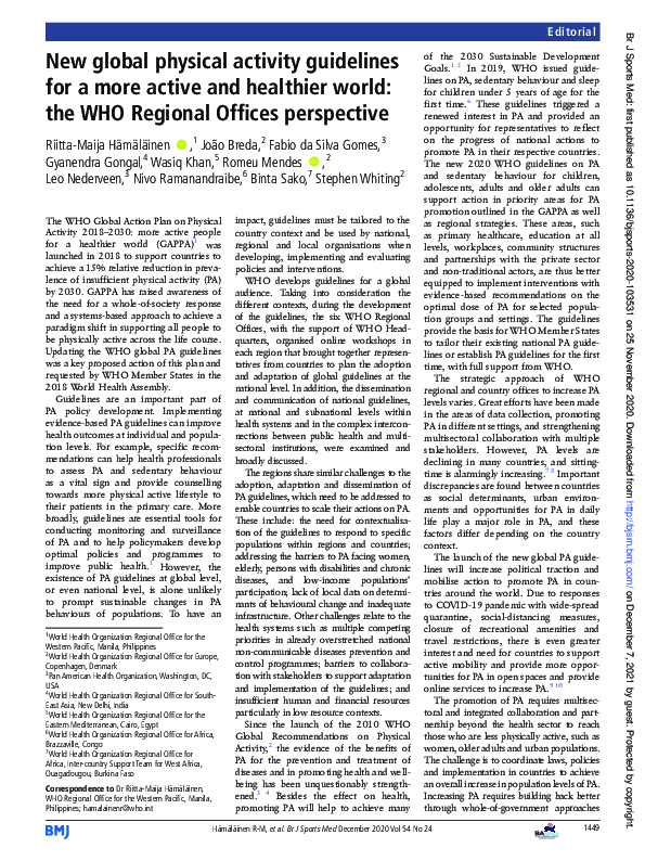 (PDF) New global physical activity guidelines for a more active and ...