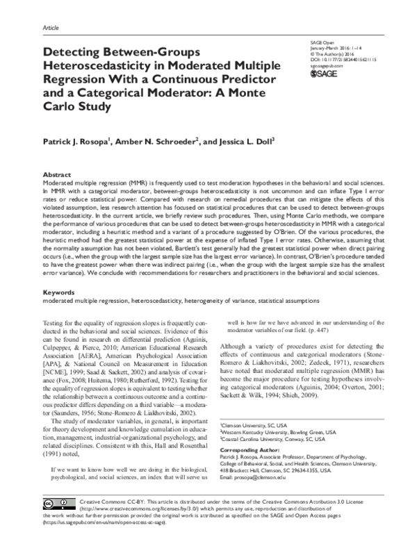 Pdf Detecting Between Groups Heteroscedasticity In Moderated Multiple Regression With A