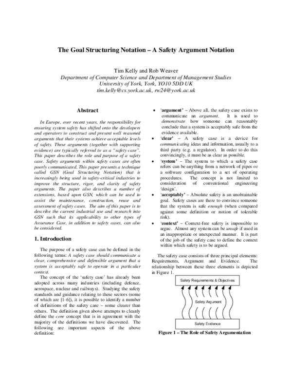 Pdf The Goal Structuring Notation A Safety Argument Notation Tim Kelly