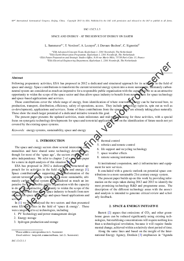 (PDF) Space and Energy -at the Service of Energy on Earth