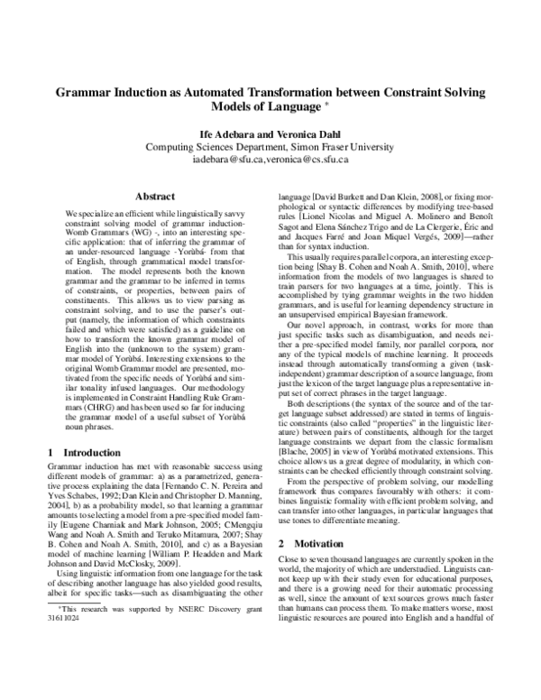Pdf Grammar Induction As Automated Transformation Between Constraint Solving Models Of