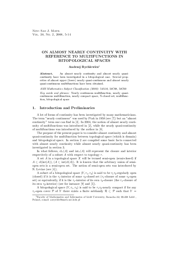 (PDF) On Almost Nearly Continuity with Reference to Multifunctions in Bitopological Spaces