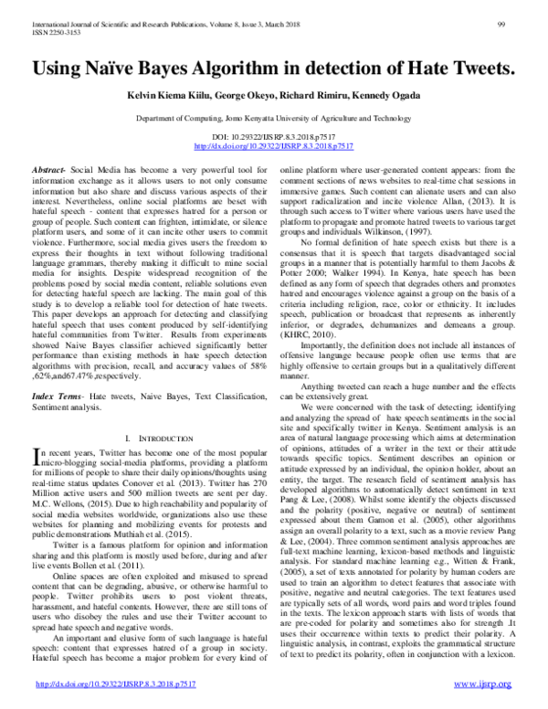 Pdf Using Naïve Bayes Algorithm In Detection Of Hate Tweets