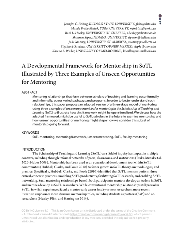 (PDF) A Developmental Framework for Mentorship in SoTL Illustrated by ...