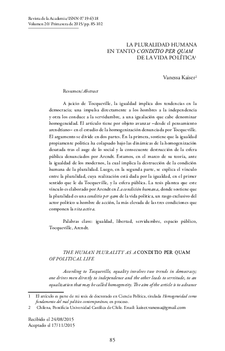 (PDF) La pluralidad humana en tanto conditio per quan de la vida política