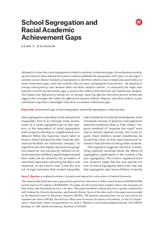 (PDF) School Segregation and Racial Academic Achievement Gaps