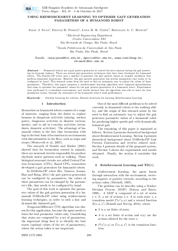 (PDF) Using Reinforcement Learning to Optimize Gait Generation Parameters of a Humanoid Robot