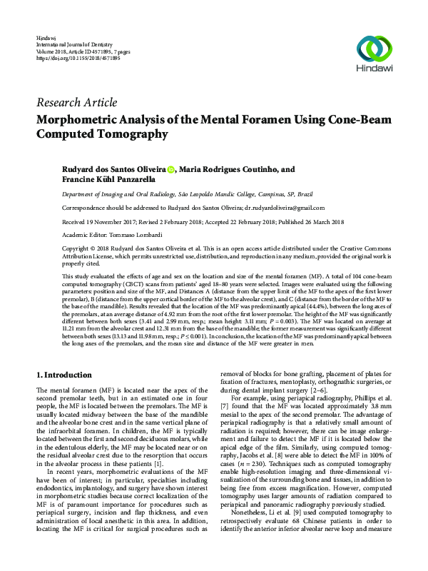 Pdf Morphometric Analysis Of Themental Foramen Using Cone Beam Computed Tomography