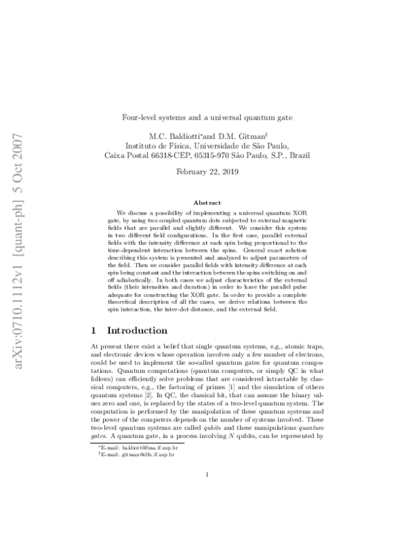 (PDF) Four-level systems and a universal quantum gate