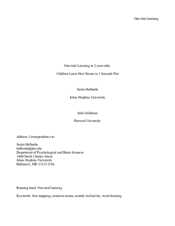 (PDF) One-trial Learning in 2-year-olds: Children Learn New Nouns in 3 ...