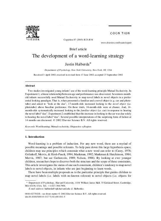 (PDF) The development of a word-learning strategy | Justin Halberda ...