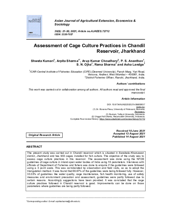 (PDF) Assessment of Cage Culture Practices in Chandil Reservoir, Jharkhand
