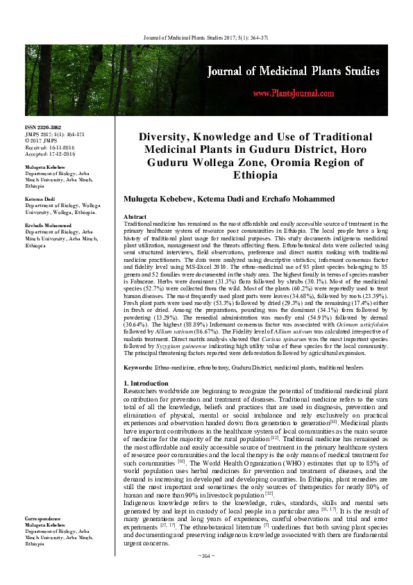 (PDF) Diversity, Knowledge and Use of Traditional Medicinal Plants in ...