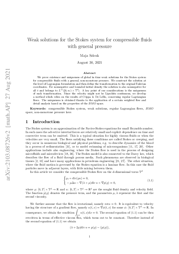 (PDF) Weak solutions for the Stokes system for compressible fluids with general pressure