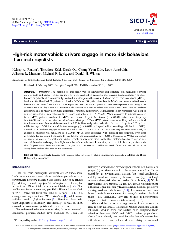 (PDF) High-risk motor vehicle drivers engage in more risk behaviors ...