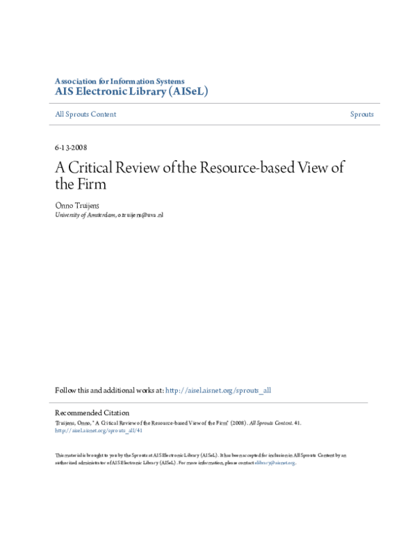 (PDF) A Critical Review of the Resource-based View of the Firm