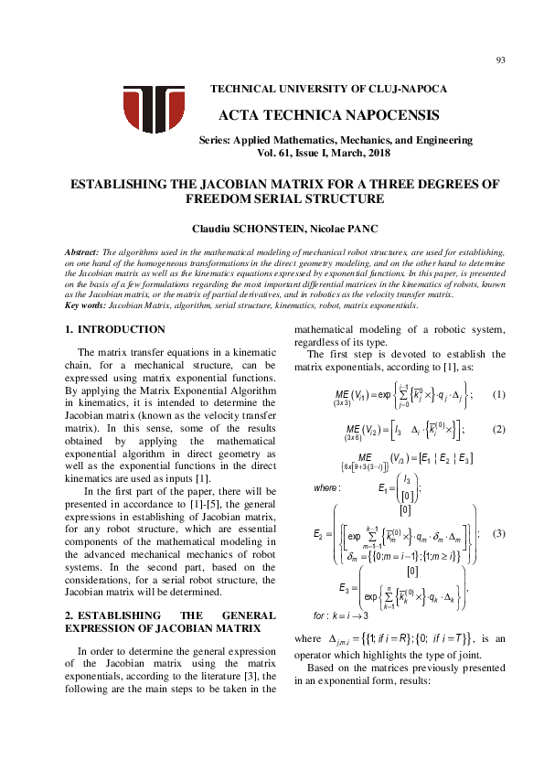 (PDF) Establishing the Jacobian Matrix for a Three Degrees of Freedom ...