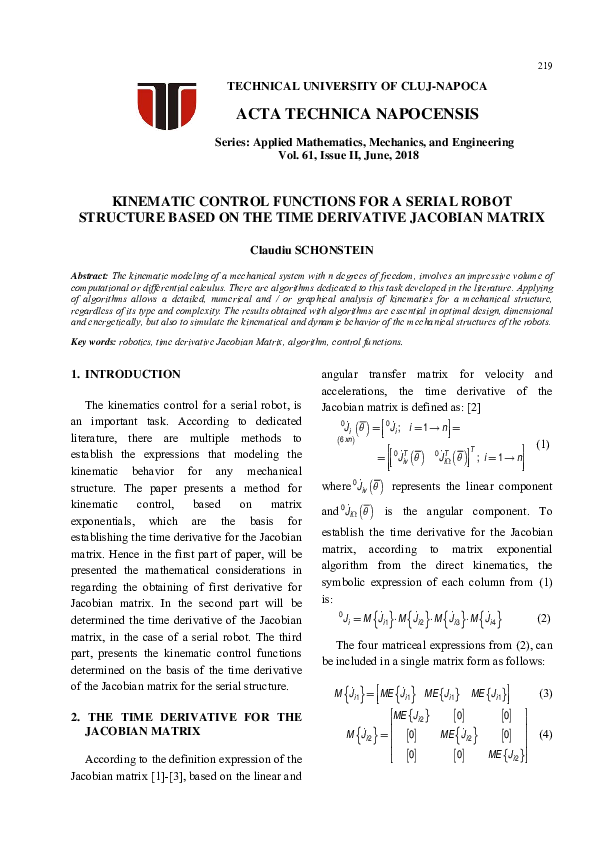 Pdf Kinematic Control Functions For A Serial Robot Structure Based On