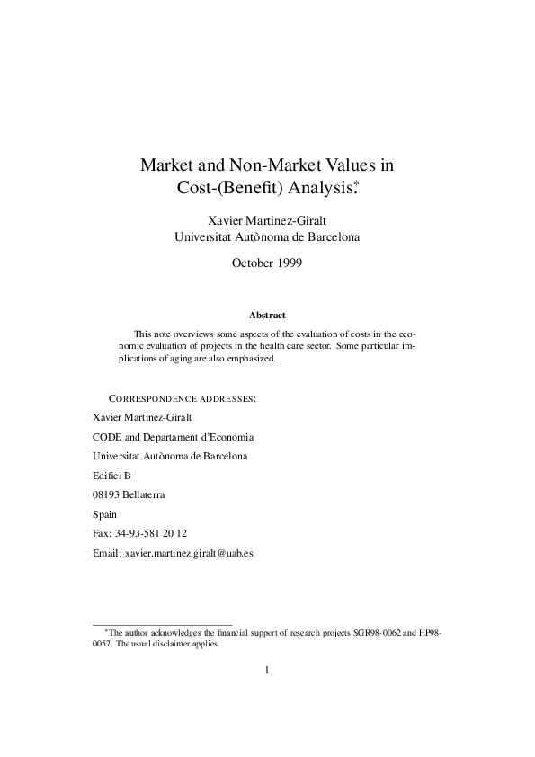 (PDF) Market and Non-market values in Cost-Benefit Analysis