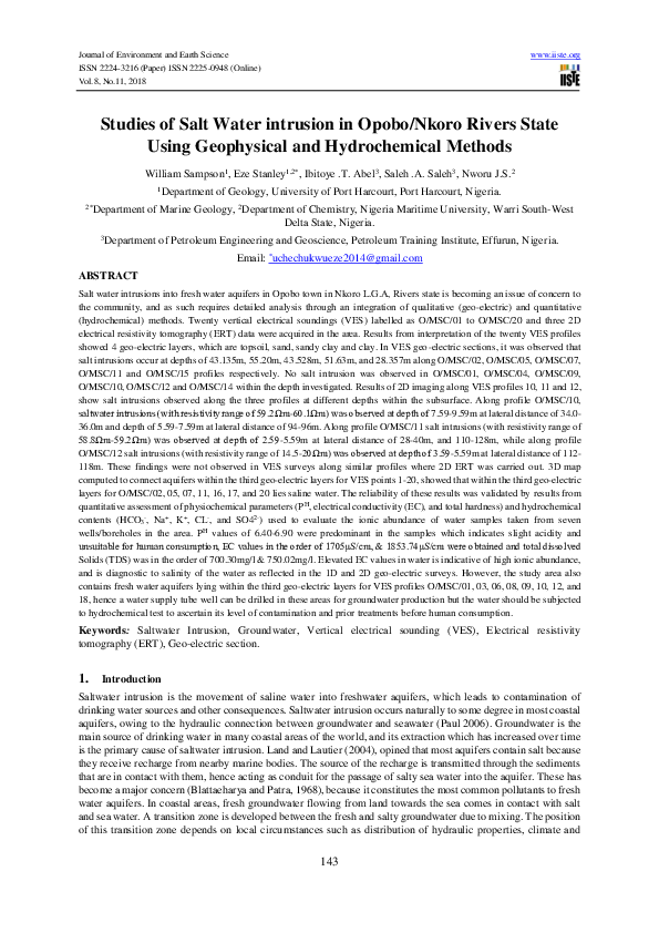 (PDF) Studies of Salt Water intrusion in Opobo/Nkoro Rivers State Using ...