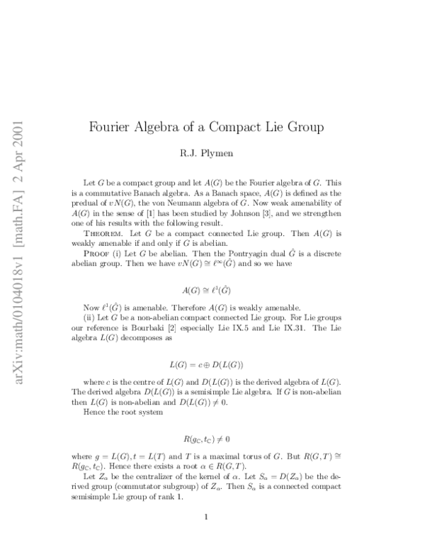 (PDF) Fourier algebra of a compact Lie group
