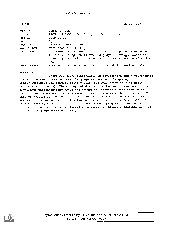 (PDF) BICS and CALP: Clarifying the distinction